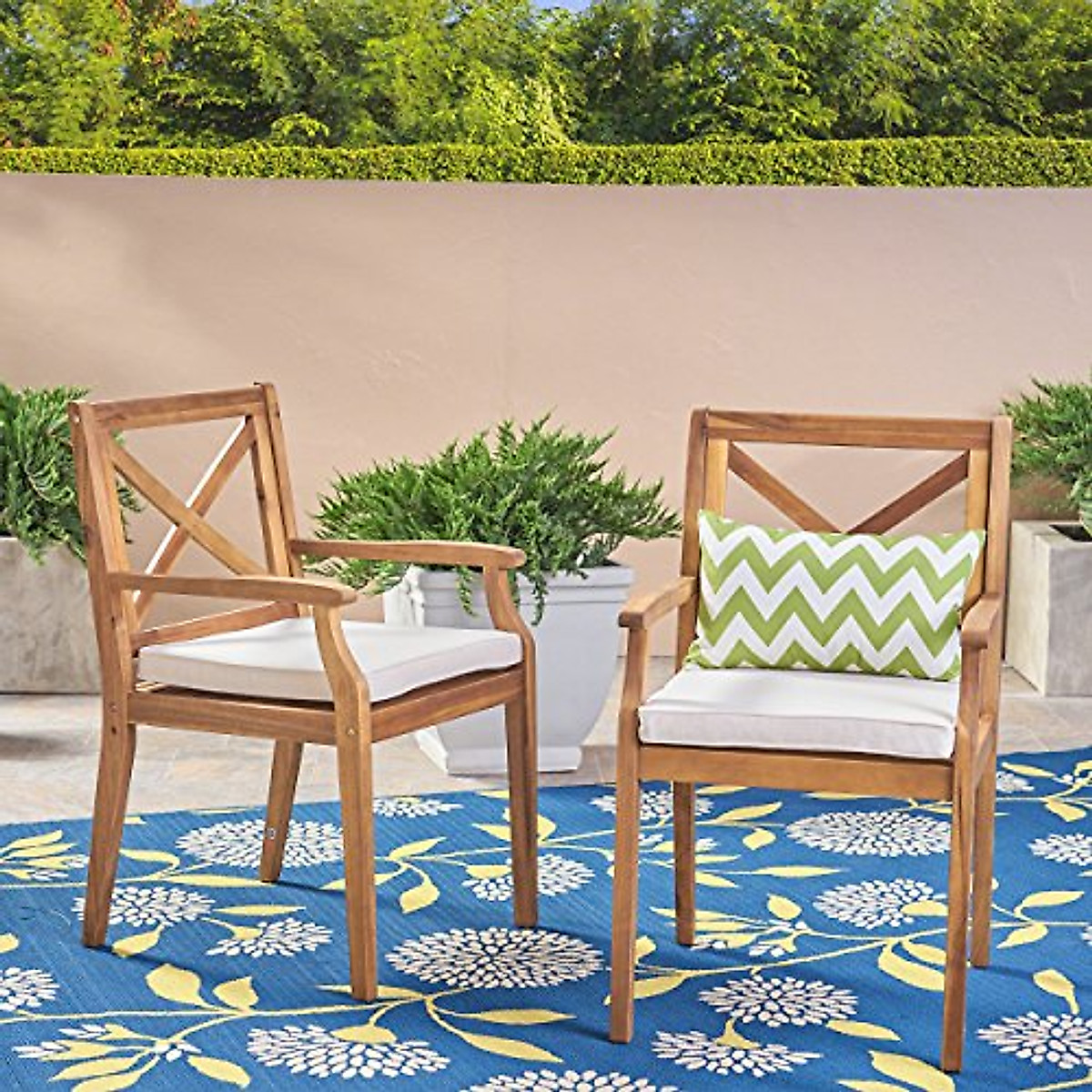 Christopher Knight Home Peter | Outdoor Acacia Wood Dining Chair Set of 2, Teak/Cream Cushion