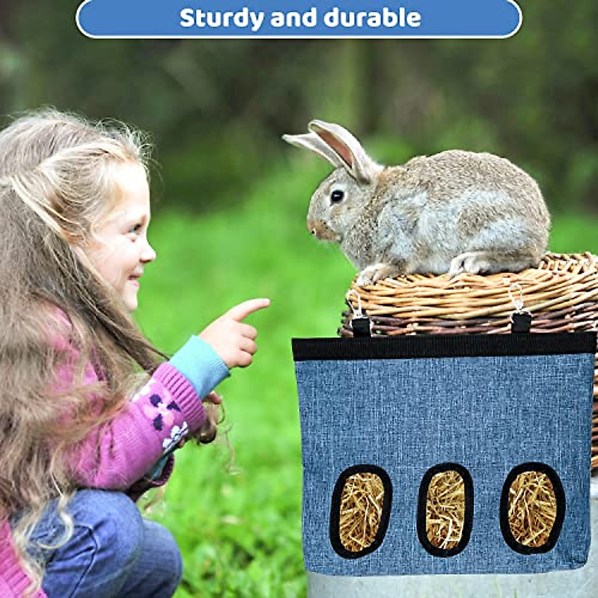 Rabbit Hay Feeder, Guinea Pig Bunny Hay Feeder Bag, Hanging 600D Oxford Fabric Storage Hay Feeder Bag for Rabbit Guinea Pig Chinchilla Small Animal Pets (Blue)