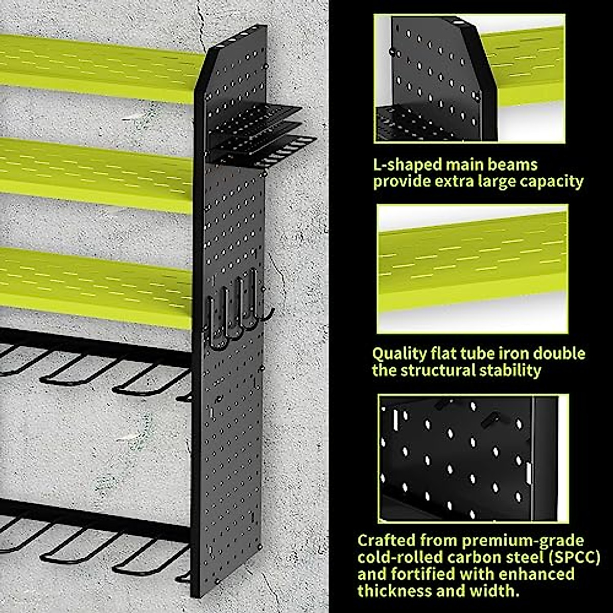 KAFAHOM Power Tool Organizer, Large 8 Drill Holder Wall Mount with 2 Side Pegboards,5 Layer Heavy Duty Metal Tool Storage Rack, Tool Shelf for Garage Organization, Utility Battery Shelves - Green