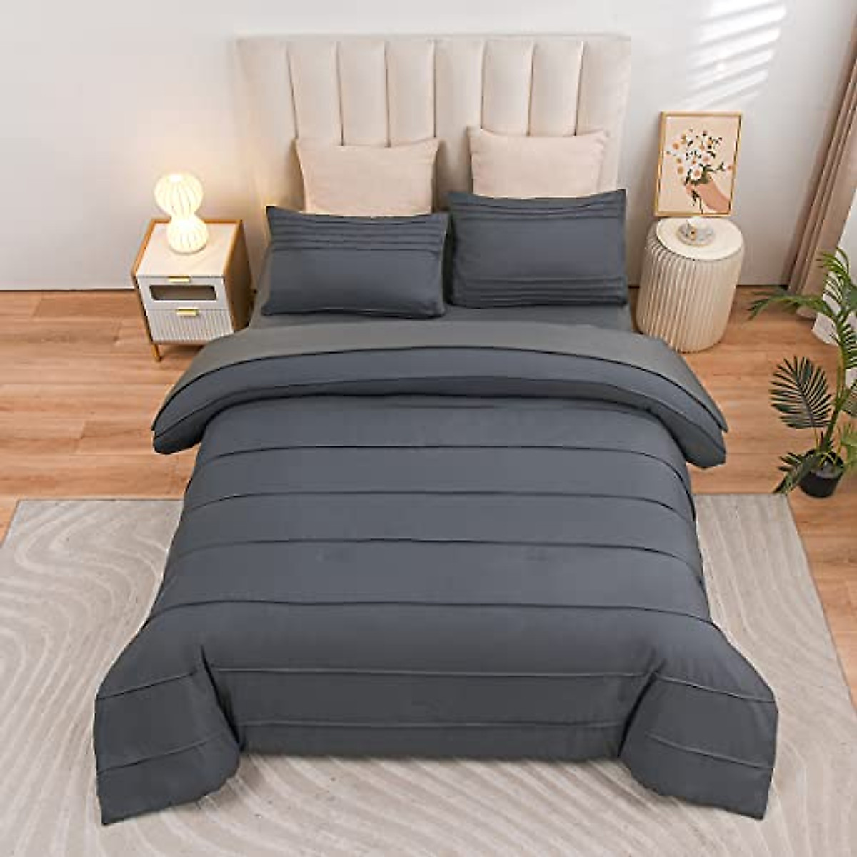 Holawakaka Grey Pleated Comforter Set with Sheets, Full/Queen Size Textured Striped Bedding Sets, Ruched Bed in A Bag 5pcs, Dark Grey