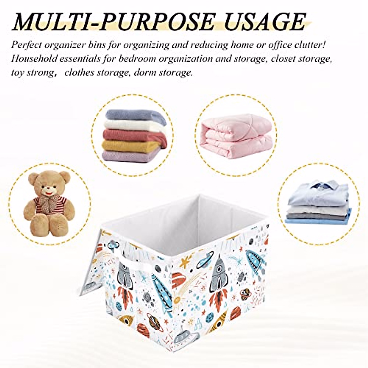 Kigai Cartoon Rocket Planet Star Storage Bin, Storage Baskets with Lids Large Organizer Collapsible Storage Bins Cube for Bedroom, Shelves, Closet, Home, Office 16.5 X 12.6 X 11.8 Inch