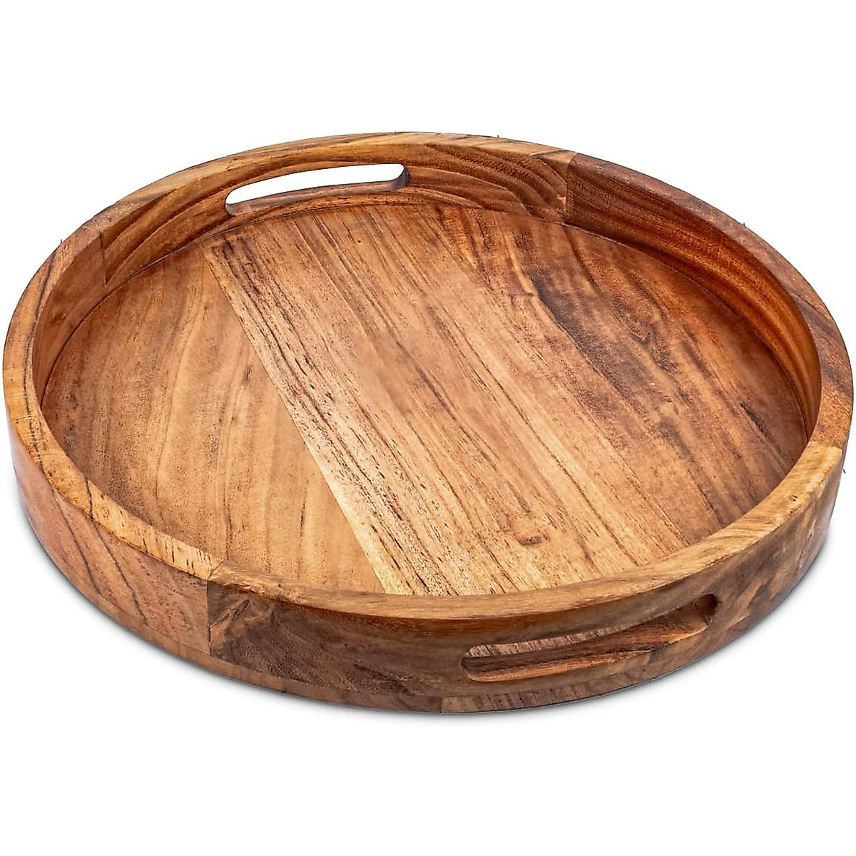 Round Serving Tray in Acacia Wood with Handles for Easy Handling, Beautiful Wooden Tray for Multiple uses (15" x 15" x 2")