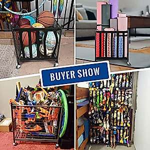 Mythinglogic Rolling Sports Ball Storage Cart, Sports Lockable Ball Storage Locker with Elastic Straps, Stackable Ball Cage for Garage Storage Garage Organizer (1 Set)