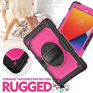 BLOSOMEET Case for iPad 9th Generation 2021 10.2 Inch with Tempered Glass Screen Protector & Pencil Holder,Protective Kids iPad 7th/8th Gen Cover 2020 2019 w/Stand Hand Shoulder Strap,Rosered