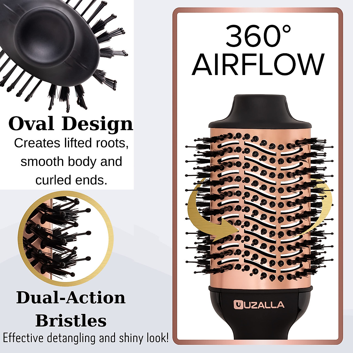 Professional Blow Dryer Brush Hair Styler by UZALLA | Powerful Frizz-Eliminating Ionic Hair Dryer Brush | Hot Air Brush Dryer and Volumizer for Women | Dual-Action Bristles, & 75MM Oval Shape