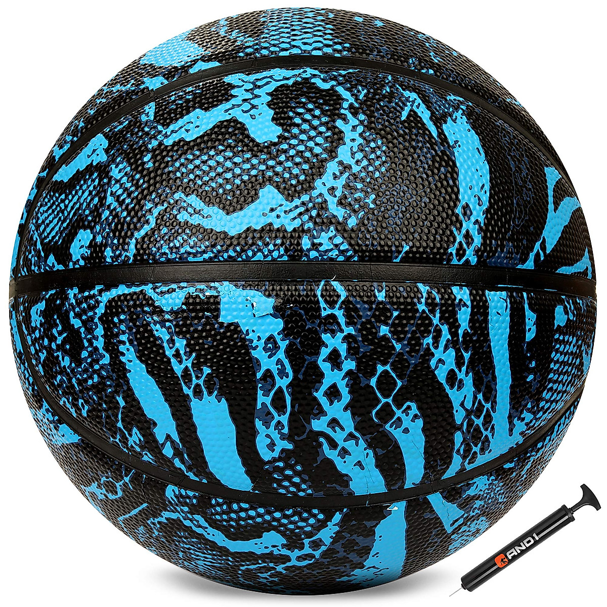 AND1 Chaos Basketball & Pump (Jungle Series)- Official Size 7 (29.5”) Streetball, Made for Indoor and Outdoor Basketball Games (Blue/Black)