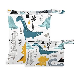KEEPREAL 2Pcs Travel Wet and Dry Bag, Reusable Wet Bags Organizer with Two Zippered Pocket for Cloth Diaper, Swimsuit, Gym Clothes，Dino Scandinavian Style