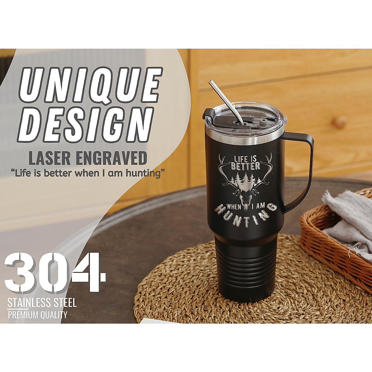 Onebttl Hunting Gifts for Men, Funny Hunting Gifts for Hunter, 40oz Stainless Steel Insulated Tumbler with Handle, Lid & Straw for Hunting Dad, Husband, Black - Life is Better When I am Hunting