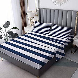 zcsm Nautical Sheets Queen Sheet Set - Navy Blue and White Stripe Bed Sheets, Soft Microfiber & Deep Pocket & Wrinkle Free Bedding Sheets & Pillowcases, 1 Fitted Sheet, 1 Flat Sheet, 2 Pillow Cases
