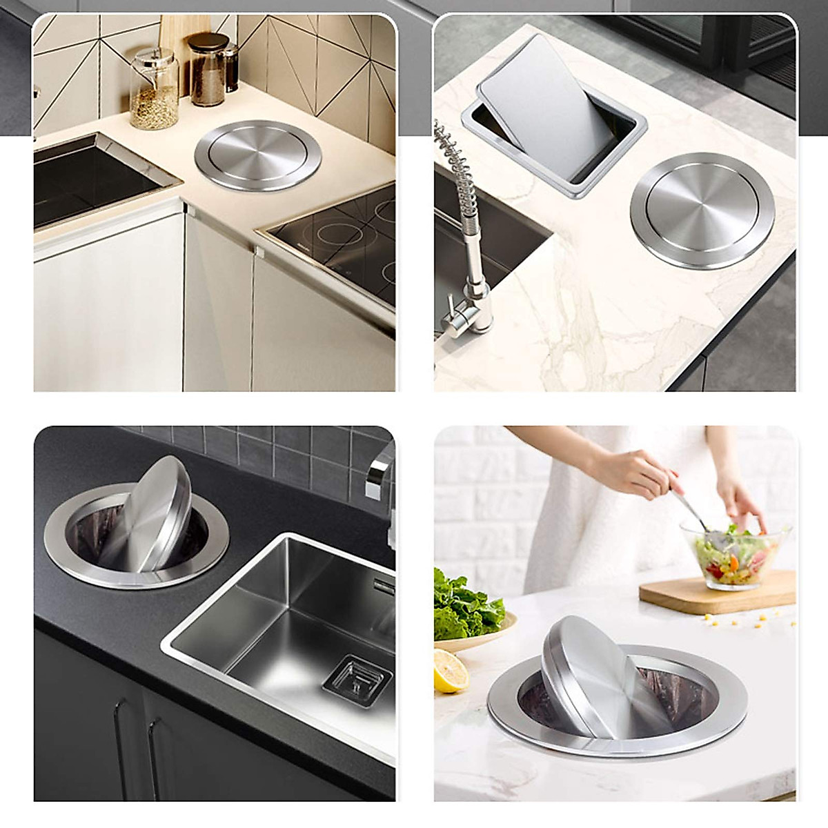 Built-in Countertop Trash Bin Waste Lid Balance Flap Cover- Stainless Steel Kitchen Garbage Can Grommet Recessed Trash Can Lid