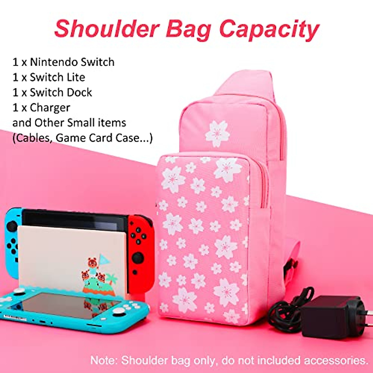 Owngen Cute Travel Bag for Nintendo Switch/ Lite / OLED, Portable Small Sling Crossbody Shoulder Carrying Storage Backpack for NS Consolo, Charging Dock, Joy-Cons, Accessories for Men, Women (Pink)