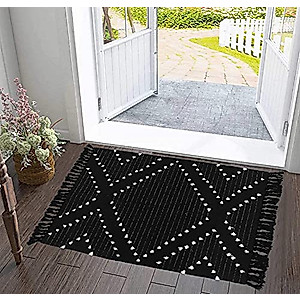 Boho Cotton Bathroom Rugs 2' x 3', Black and White Small Woven Bath Mats with Tassels, Soft Washable Geometric Kitchen Rug Decorative Floor Carpets for Laundry Room Entryway Indoors