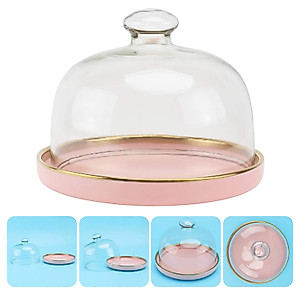 GANAZONO Glass Food Lid Cake Dessert Platter with Cloche Bell Ceramic Cake Plate Cake Dome Cover Pastry Display Cloche Snack Tray Cover Pink