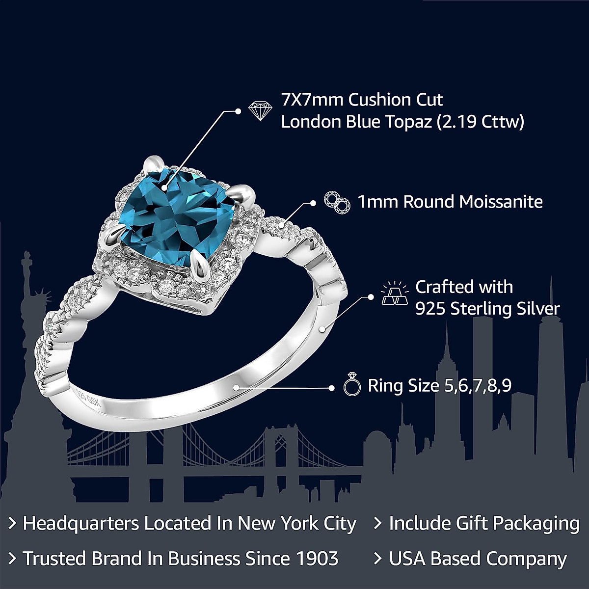 Gem Stone King 925 Sterling Silver London Blue Topaz and Moissanite Solitaire Engagement Ring For Women | 2.19 Cttw | Cushion Cut 7MM | Gemstone Birthstone | Available in Size 5, 6, 7, 8, 9