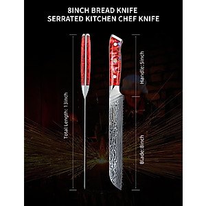 SANMUZUO 8” Bread Knife Serrated Kitchen Chef Knife - Damascus Steel & Resin Handle - Xuan Series (Sunset Red)