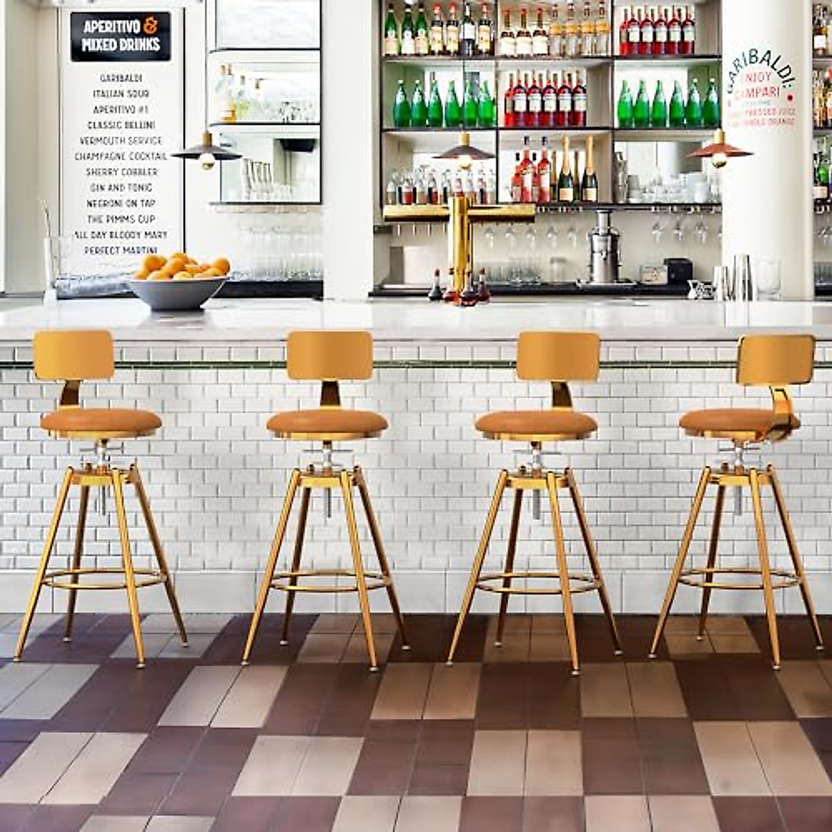Cozyman Industrial Swivel Bar Stool Set of 4, 26"-32" Adjustable Counter Height Bar Stool with Back for Kitchen Island, Vintage Farmhouse Faux Leather Barstool with Golden Metal Legs, Whiskey Brown