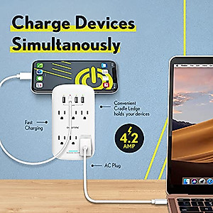 6 Outlet Extending Surge Protector, Multi Outlet Extender Wall Adapter with 4 USB Fast Charging Ports, 6 AC Outlets, Phone Mount, 1200J Surge Protection, ETL Certified (2-Pack, White)