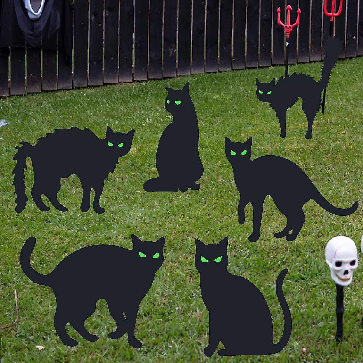 Leyaron 6 Pack Black Cat Yard Signs Halloween Decor with 12 Metal Stakes, Scary Black Cat Halloween Outdoor Decorations with 6 Pairs Glowing Eyes for Home Yard Garden Lawn Party Props Supplies