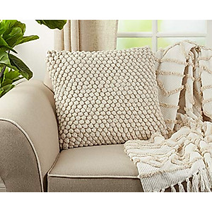 SARO LIFESTYLE Camargue Collection 3519.I20S Crochet Pom Throw Pillow with Down Filling, 20", Ivory