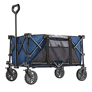 Gorilla Carts 7 Cubic Feet Foldable Collapsible Durable All Terrain Utility Pull Beach Wagon with Oversized Bed and Built in Cup Holders, Blue