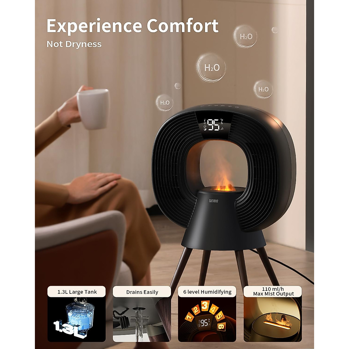 Sothing Space Heater Humidifier Combo - Star 3-in-1 Electric Heaters for Indoor Use, Humidifier with Flame Light, Aesthetic Design, 1500W Space Heater Indoor Large Room, Sleep Mode for Bedroom, Office