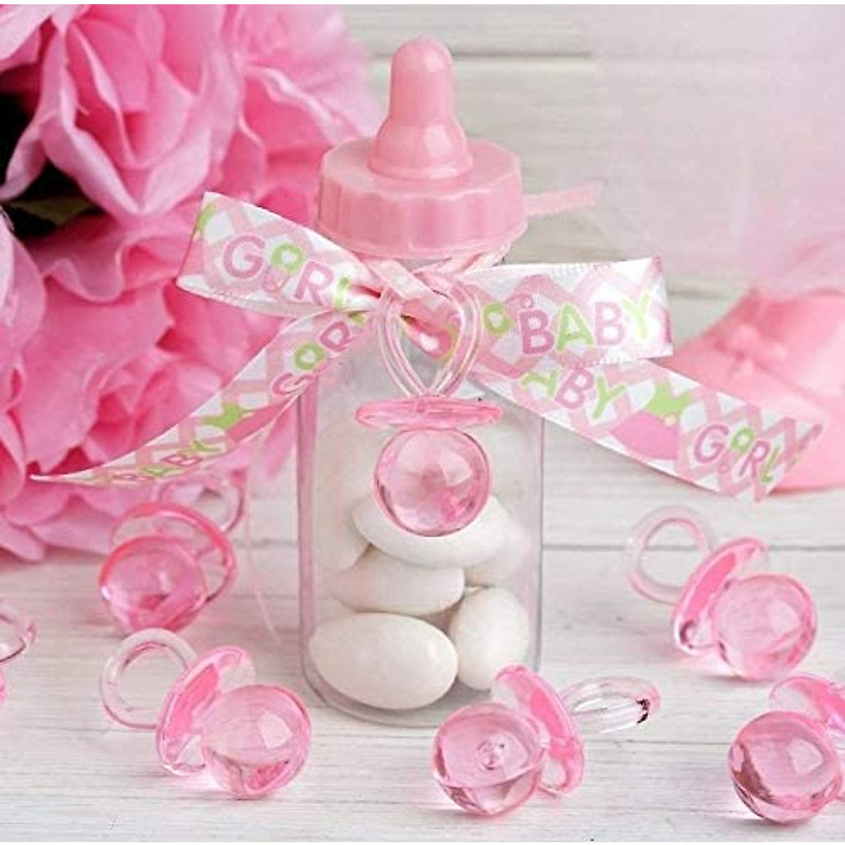 Adorox (144 Pieces) Pink Acrylic Baby Pacifiers Baby Shower Decoration Table Scatter