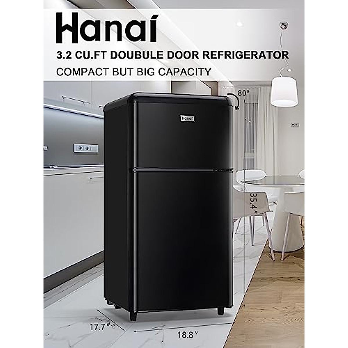 WANAI Compact Refrigerator 3.2 Cu.Ft Retro Mini Fridge With Freezer 2 Door Mini Refrigerator with 7 TEMP Modes, Removable Shelves, LED Lights, Ideal for Apartment Camper Dorm and Office, Black