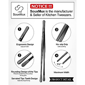 2 Pcs 10-inch Cooking Tweezers Tongs Precision Serrated Tips, Stainless Steel Professional Chef Tweezer Kitchen Tools for BBQ, Plating and Serving (Black)