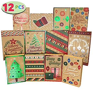 JOYIN 12 Christmas Foil Kraft Gift Boxes with 3 Sizes (Robe, Shirt and Lingerie Boxes) for Xmas Goody Gift Boxes, School Classrooms Party Favors Decoration, Holiday Present Wrap Décor