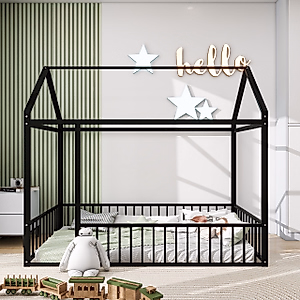 YOPTO Twin Size Metal House Shaped Floor Bed with Full Length Fence,Playhouse Bed Frame W/Pitched Roof Design,Easy Assembly,for Kids,Boys and Girls