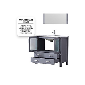 Lexora Volez 36 in W x 18.25 in D Dark Grey Bath Vanity, White Ceramic Top, Faucet Set and 34 in Mirror