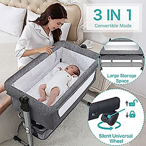 JOLIE VALLÉE TOYS & HOME Baby Bassinet, 2 Height Adjustable Baby Bed and Bedside Crib Bedside Sleeper, Portable Baby Crib, Baby Bedside Swingable Bassinet for New Born with Mattress, Breathable Net