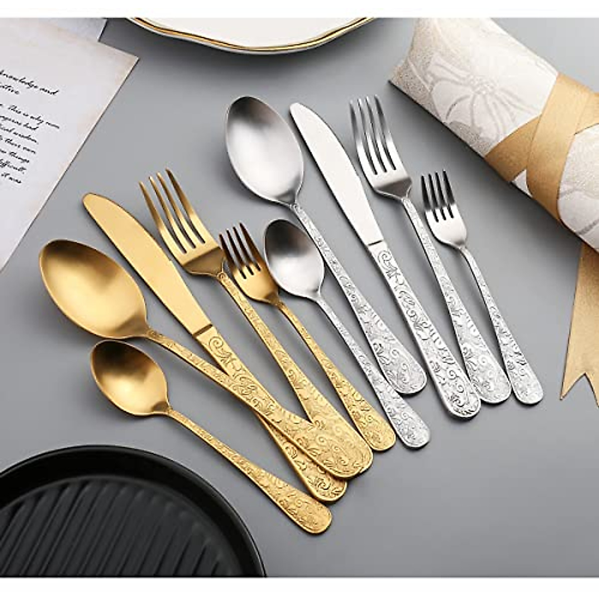 IKXO 35 Piece Silverware Set,Stainless Steel Silverware Set for 7，Modern Sleek Flatware Set, Include Knife/Fork/Spoon & Long Teaspoon/Salad Fork Mirror-Polished & Dishwasher Safe Cutlery colorful