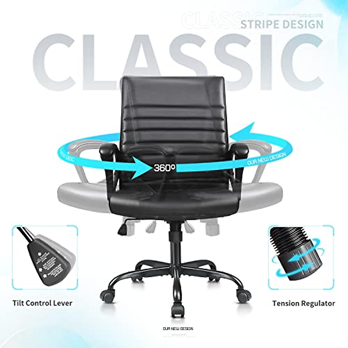 Devoko Office Chair Mid Back Desk Chair PU Leather Executive Office Chair Ribbed Computer Task Chair Swivel Rolling Chair with Padded Arms and PU Wheels, Black
