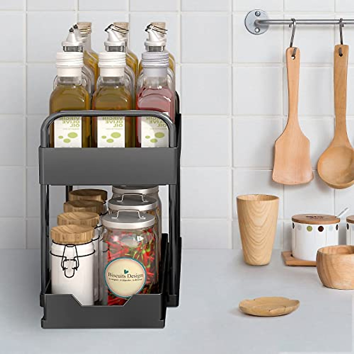 2 Tier Under Sink Organizers and Storage, 2 Pack Sliding Under Bathroom Cabinet Storage Drawer Organizer with Storage Drawer with 8 Hooks and 2 Hanging Cups, Multi-purpose Under Sink Organizer, Black