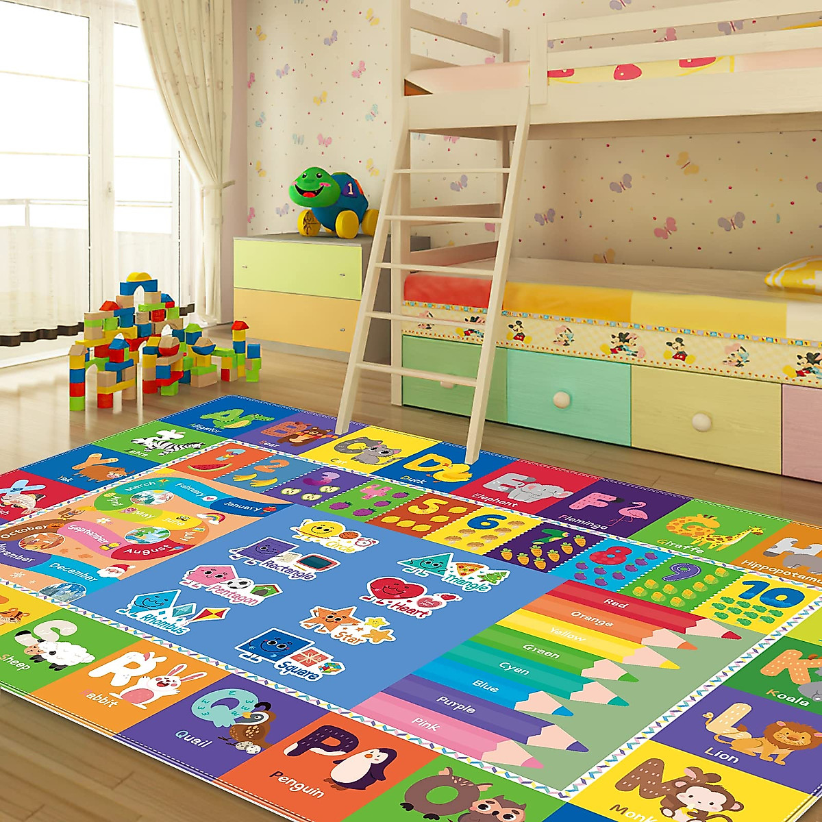 Mhconneaty Kids Play Mat Kids Rug for Playroom, 78.7x59 Inches Floor Mat for Baby Play Mat Playtime Collection ABC, Numbers, Animals, Month, Season Educational Area Rug for Kids Room Classroom