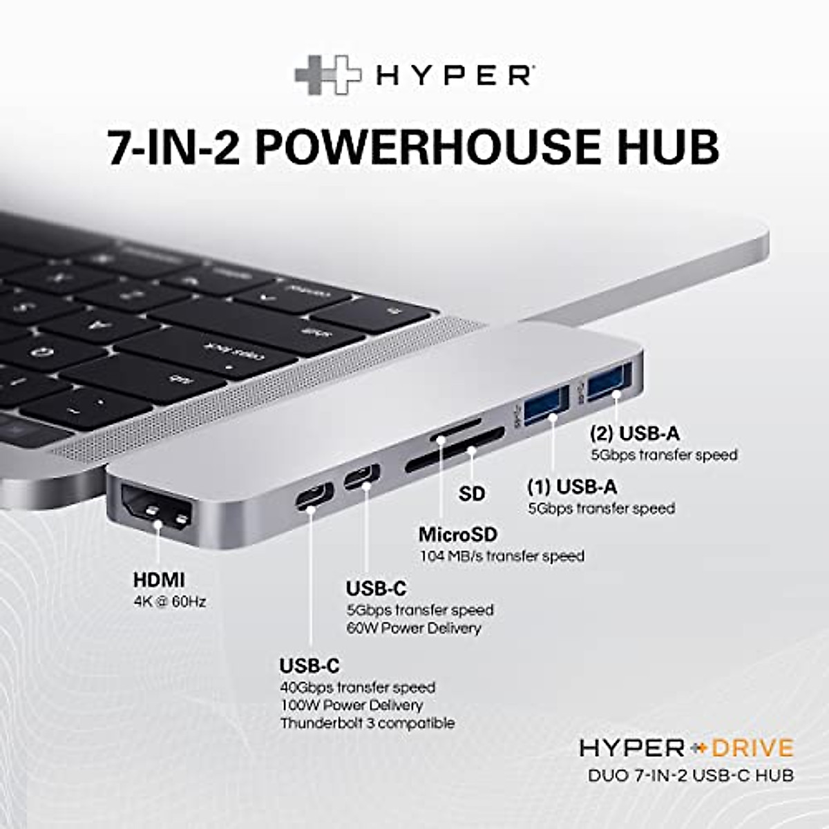 Hyper HyperDrive USB C Hub, Duo 7-in-2 USB C Adapter - MacBook Pro Adapter with Magnetic Grip, 4K HDMI, USB-C 40Gbps 100W PD, 3.1 USB-A, MicroSD/SD - Space Gray