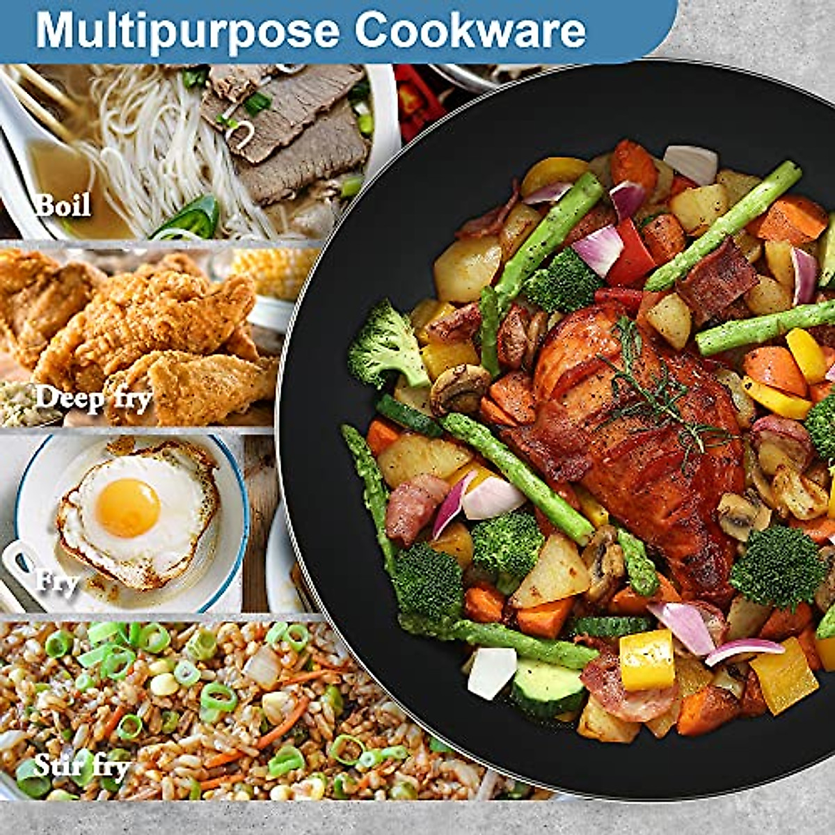 Hyoank Wok Pan, 12.5'' Flat Bottom Iron Woks, Woks and Stir Fry Pans with Lid, Carbon Steel Wok Suits for all Stoves