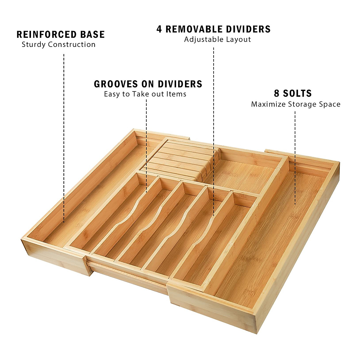 Expandable Bamboo Kitchen Drawer Organizer, Wencrfat Silverware Drawer Organizer with Removable Knife Block and Dividers, Flatware Utensil Cutlery Organizer for Drawer Tray(6-8 Slots)