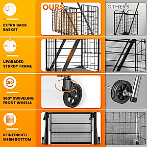 Extra Large Shopping Cart for Groceries, 450lbs Heavy Duty Grocery Cart on Wheels, Folding Dual Basket Utility Carts with Waterproof Liner, Shopping Carts for Transport, Laundry, Gift, Luggage, Black