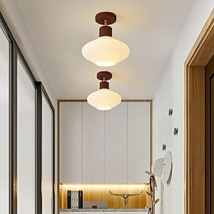 TONFON Indoor Ceiling Lamp with Glass Shade Vintage Wood Ceiling Light Semi-Flush Mount Ceiling Light Fixture for Living Room Bedroom Dining Room Kitchen Hallway Entry Foyer Pendant Lamp