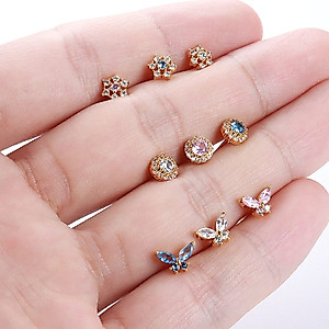 Drperfect 9PCS Nose Ring Stud for Women 20G Stainless Steel L-Shape Nose Rings CZ Butterfly Snowflake Nose Studs Assorted Nose Piercing Jewelry (Gold Tone)