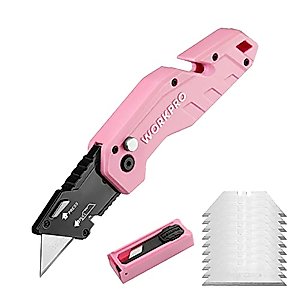 WORKPRO Folding Utility Knife, Quick Change Box Cutter, Pink Razor Knife for Cartons, Cardboard, Boxes, 10 Extra Blades Included - Pink Ribbon