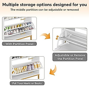 Tribesigns Shoe Cabinet, Shoe Storage Cabinet with Wall Mounted Coat Rack, Modern Shoes Organizer Cabinets with 3 Flip Drawers, White and Gold Shoe Cabinet for Entryway