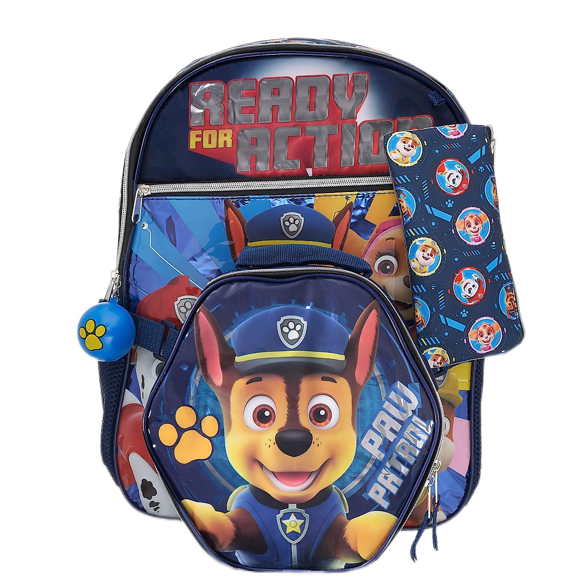 Paw Patrol 5 Piece Ready for Action Backpack Set for Kids, Kindergarten Toddler’s Schoolbag with Insulated Lunch Box, Pencil Case, Cinch Shoe Bag and Squishy Ball Toy Dangle