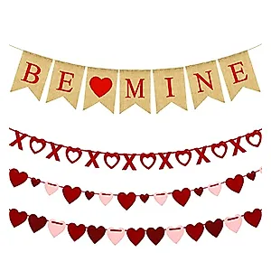 4Pcs Valentines Day Decorations Set No DIY Required BE MINE Love Heart XO Garlands Banner for Home Classroom Office Wedding Party Anniversary
