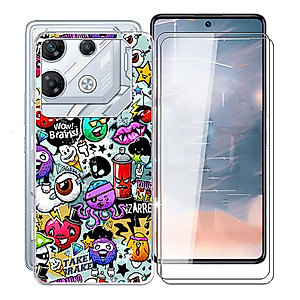 KJYFOANI for Infinix GT 10 Pro Case with 2 x Tempered Glass Screen Protector, Transparent Shockproof Solf Silicone Protection Case for Infinix GT 10 Pro, Case for Women Men, (6.67") - Graffiti