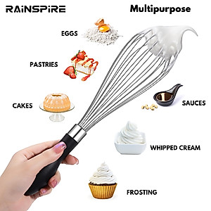 Rainspire 12-Inch Wire Whisk Stainless Steel, Balloon Whisks for Cooking, Wisk Wisking Tool With Soft Silicone Handle, Thick Durable Whisker for Blending, Beating, Whisking, Stirring, Black