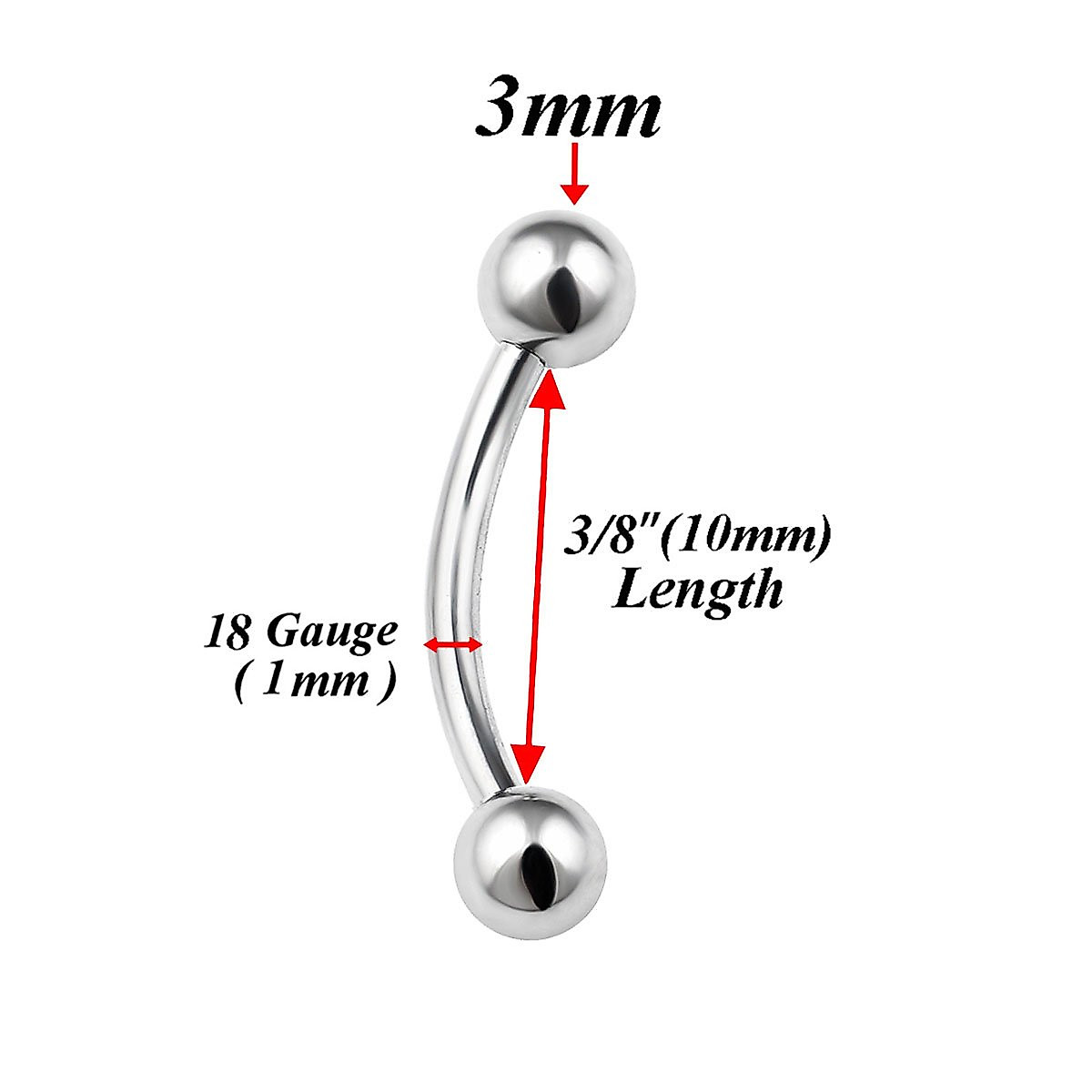 bodyjewellery 3pcs 18g 1mm small gauge curved barbell banana Surgical Steel Rook Conch Labret Helix Lip Ring Tragus Eyebrow Cartilage Ball