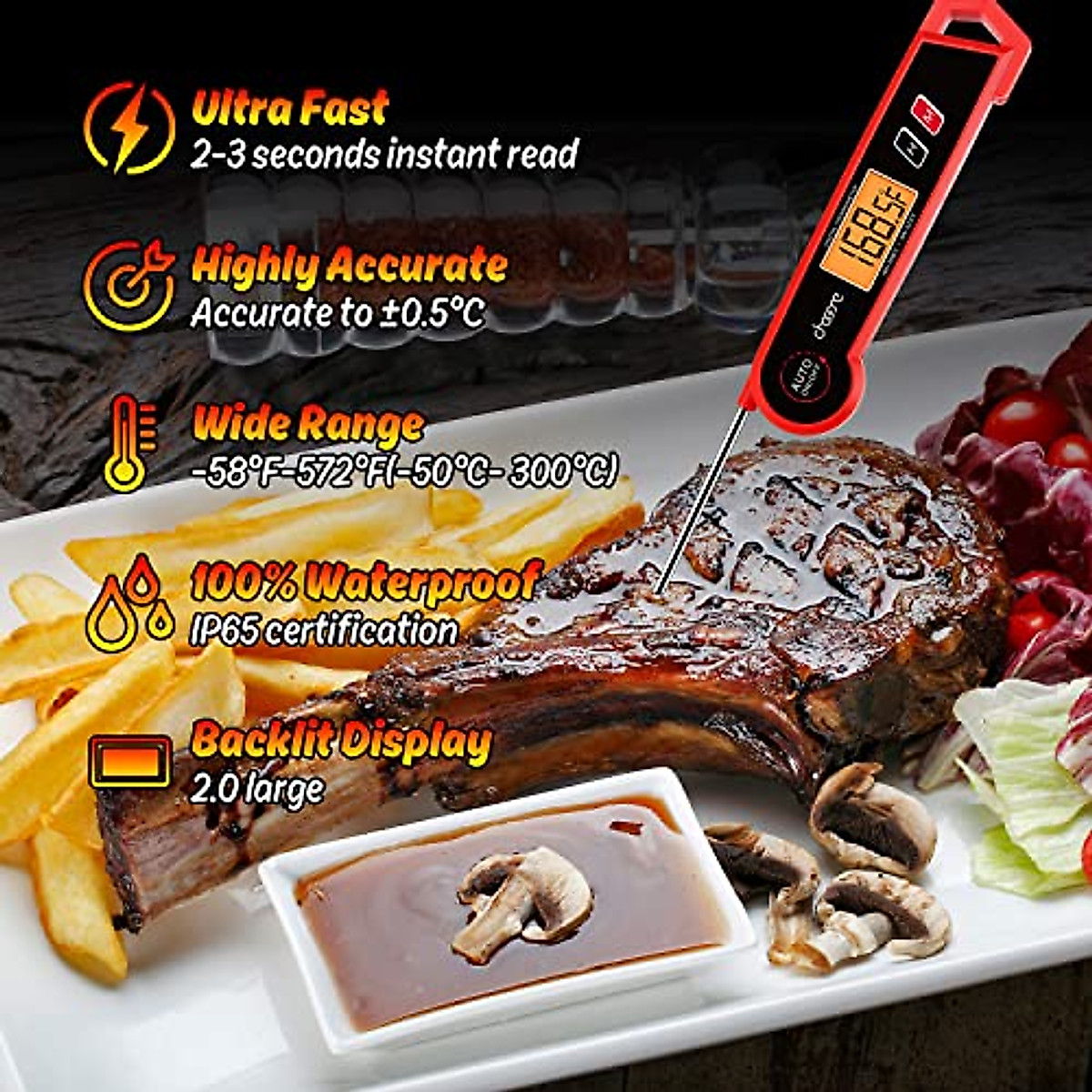 Chooone Waterproof Instant Read Meat Thermometer with Probe, Meat Temperature Thermometer with Backlight & Calibration, Digital Cooking Food Meat Candy Thermometer for Grill Candy Kitchen BBQ Smoker